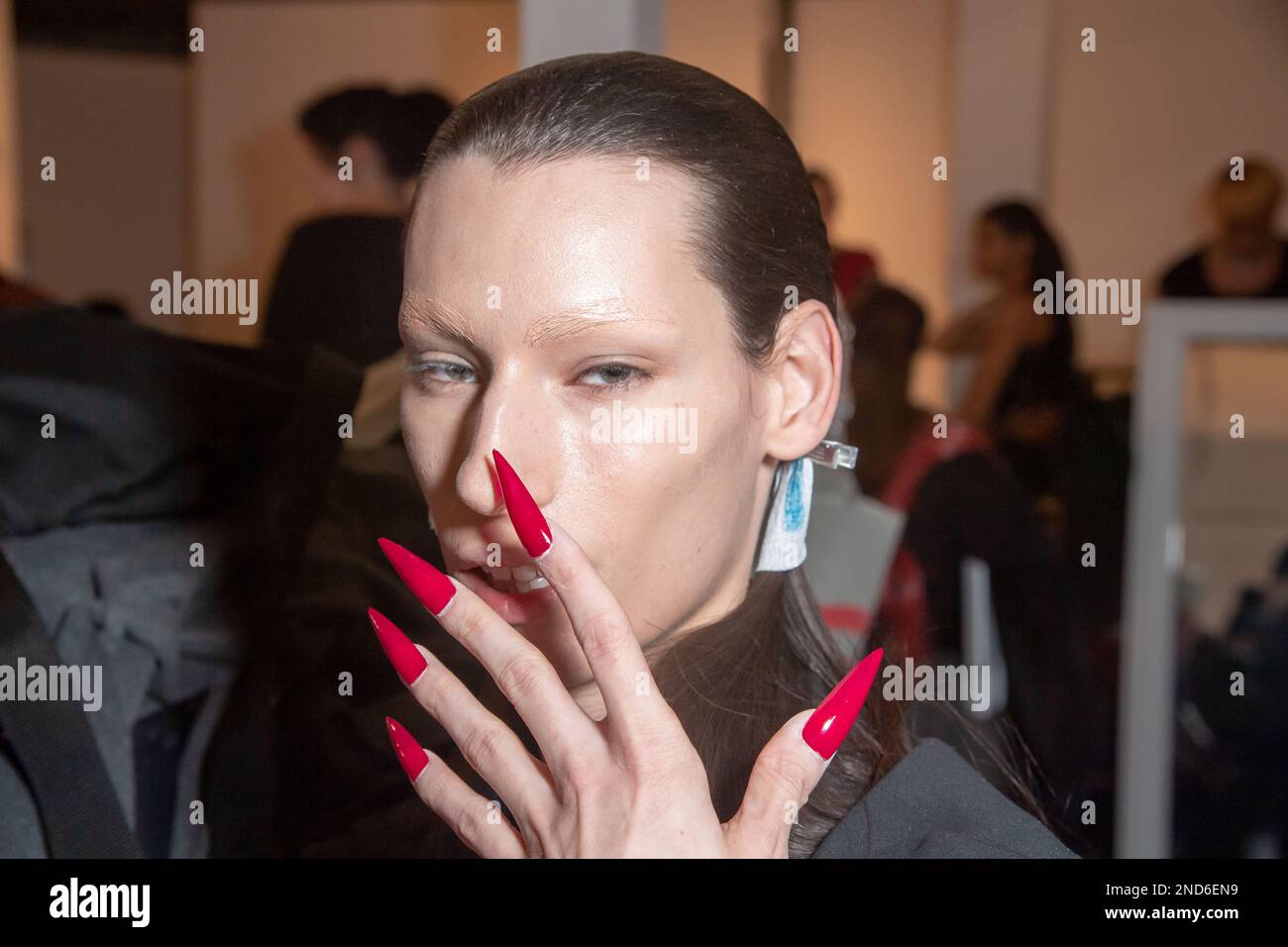 NEW YORK, NEW YORK - FEBRUARY 14: A model poses backstage at the Luis ...