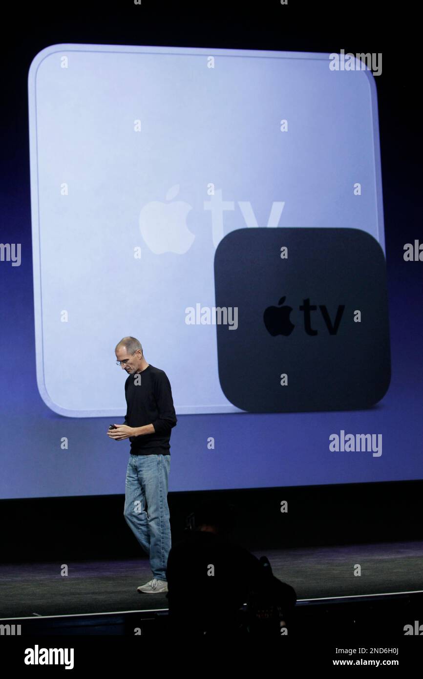 Apple CEO Steve Jobs with AppleTV at Apple announcement in San ...