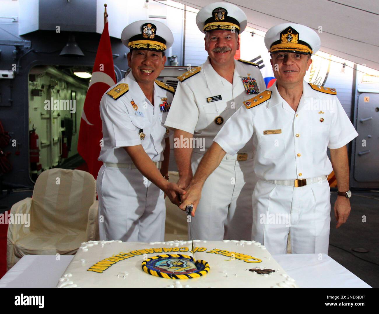 Korean navy Rear Adm. Beom-rim Lee, left, U.S. Navy Vice Adm. Mark Fox ...