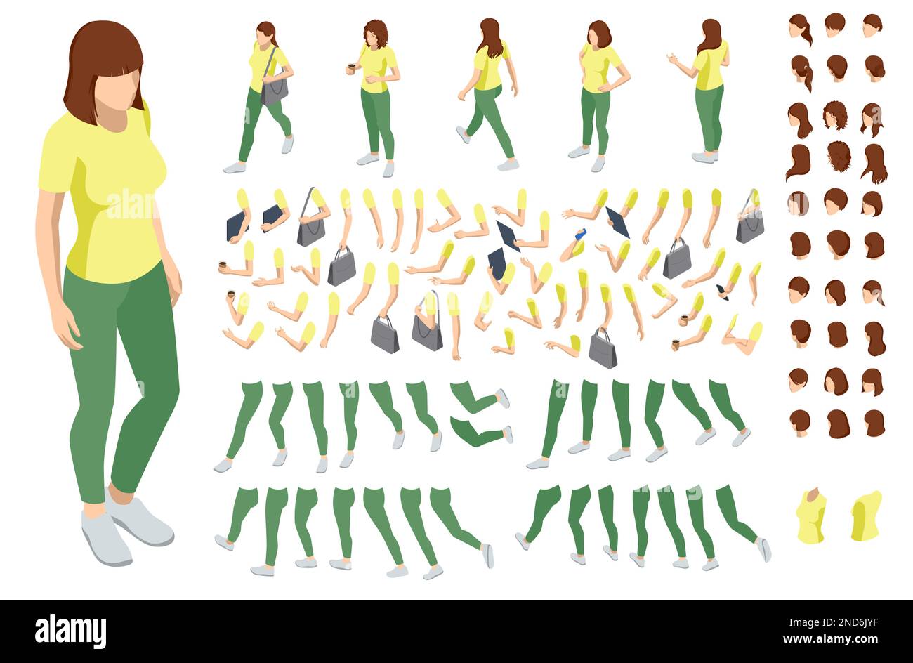 Isometric brown-haired woman character constructor. Front and back view ...