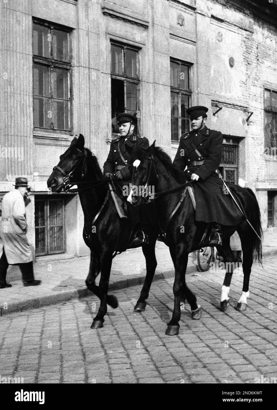 The two mounted policemen are going on patrol in Budapest, the Capital ...
