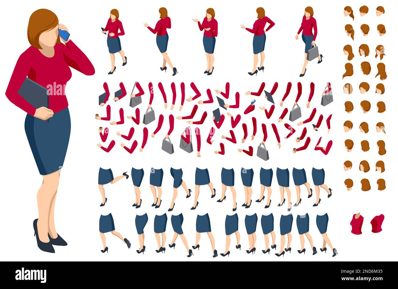 Isometric brown-haired woman character constructor. Front and back view ...