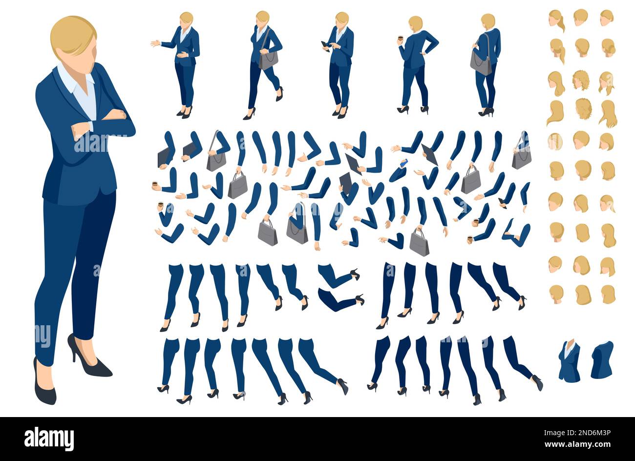 Isometric blonde-haired woman character constructor. Front and back ...