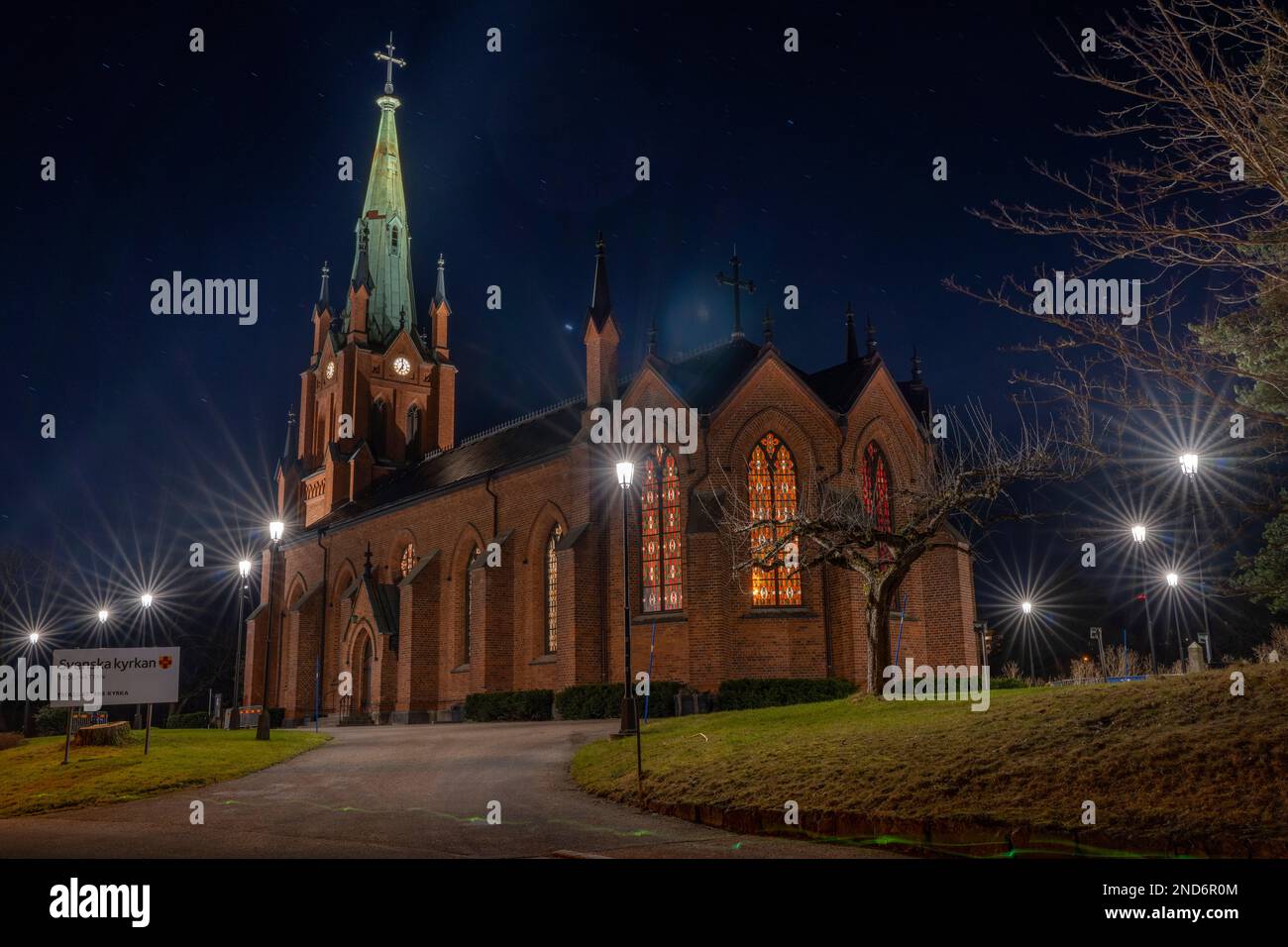 Majestic fashioned Gothic Revival Church, Trollhattan Church in night ...