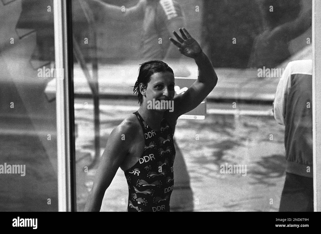 East Germany’s Barbara Krause waves to fans in stands of Moscow Olympic ...