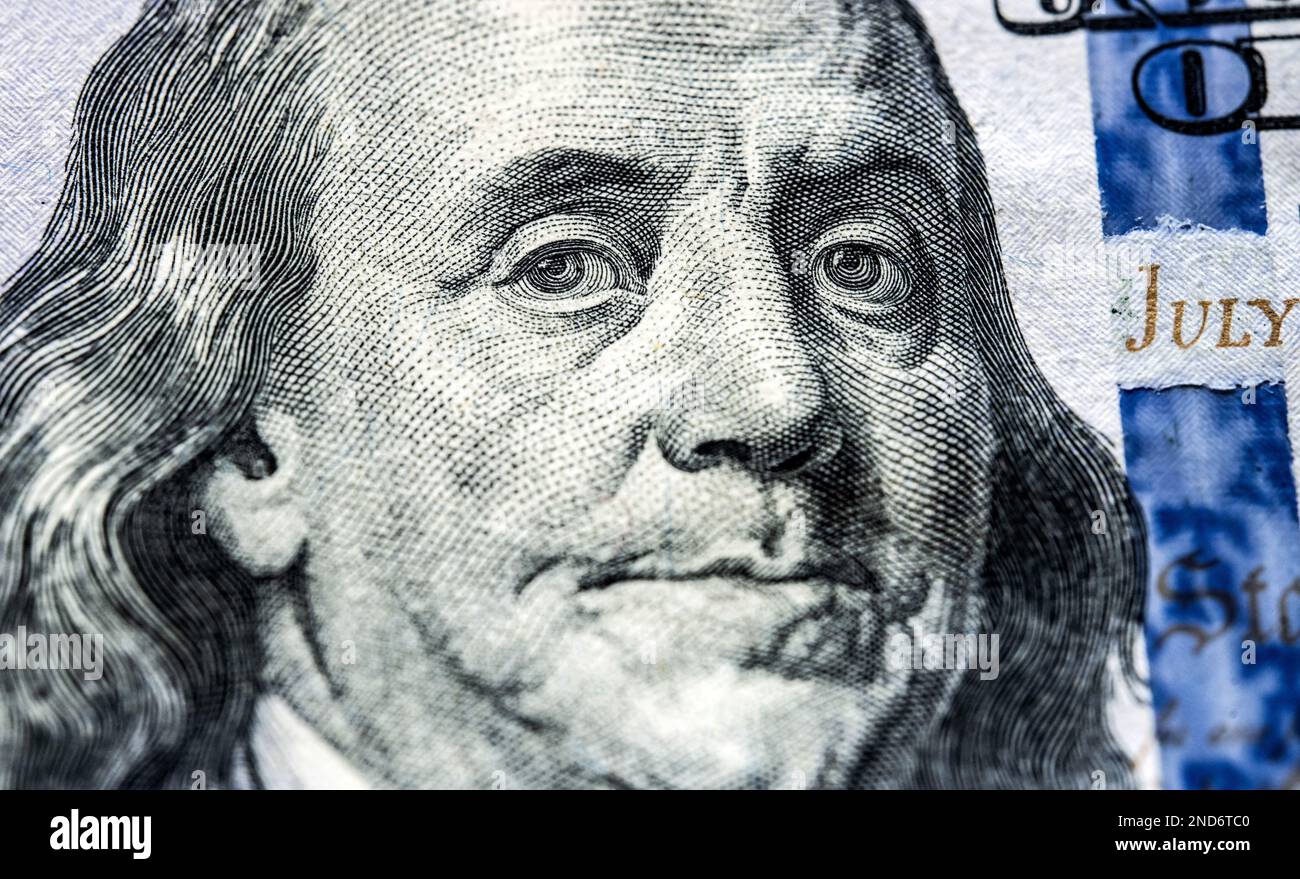 Portrait of Benjamin Franklin on one hundred dollars banknote Stock ...