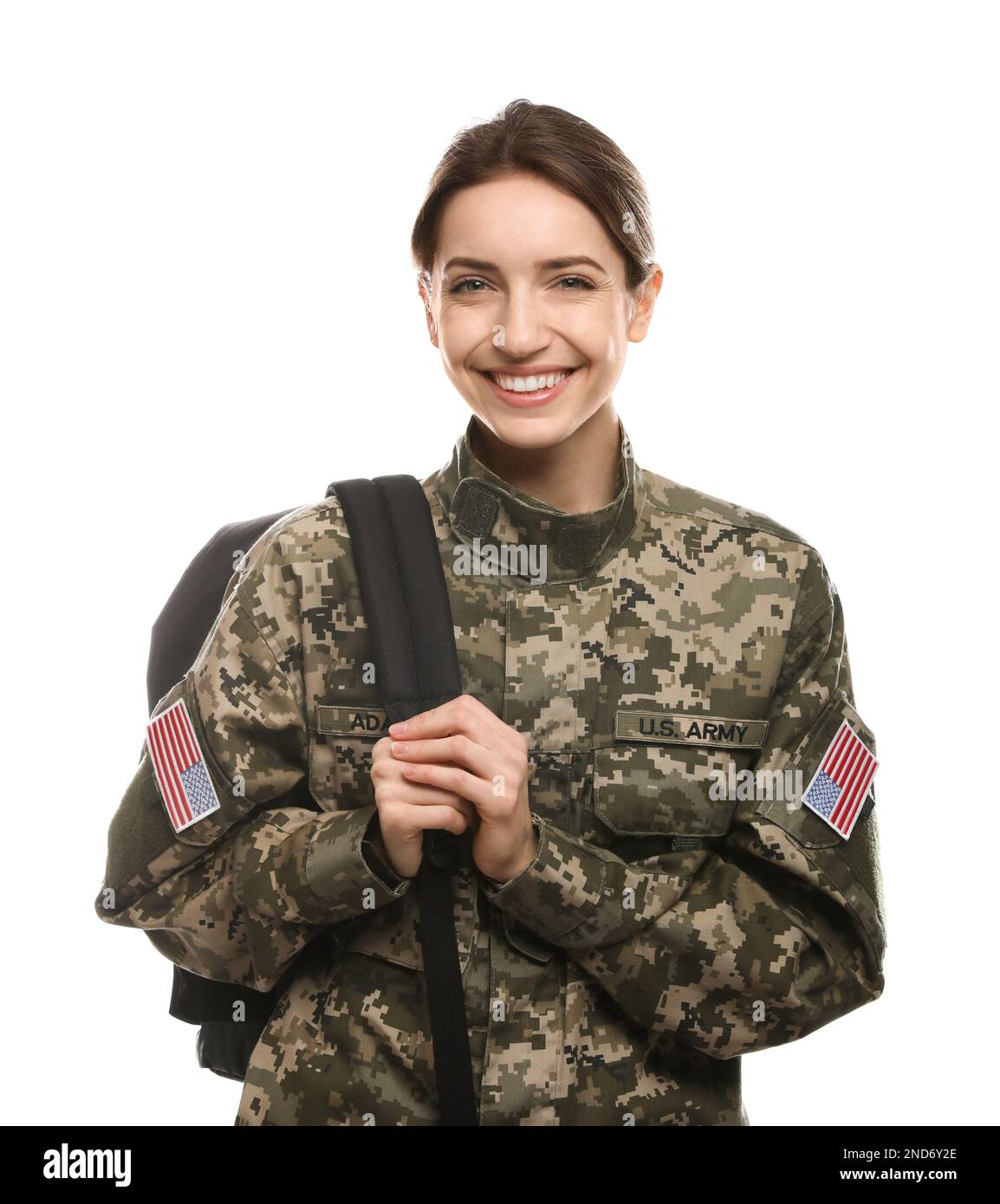 Female cadet with backpack isolated on white. Military education Stock ...