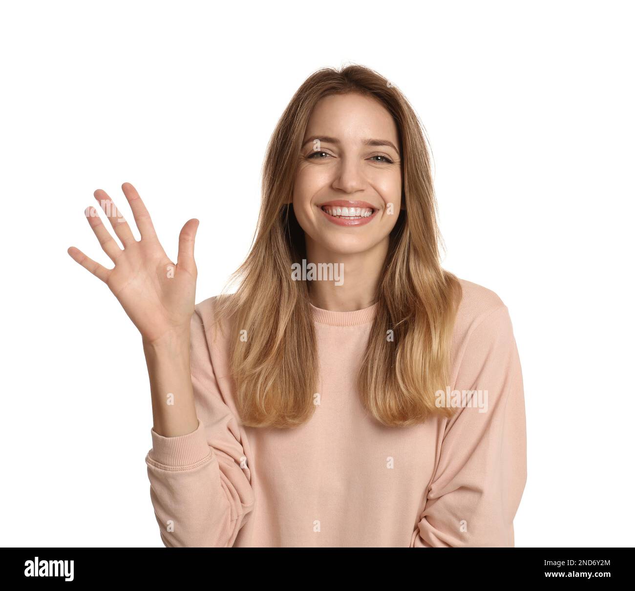 Woman showing number five with her hand on white background Stock Photo ...