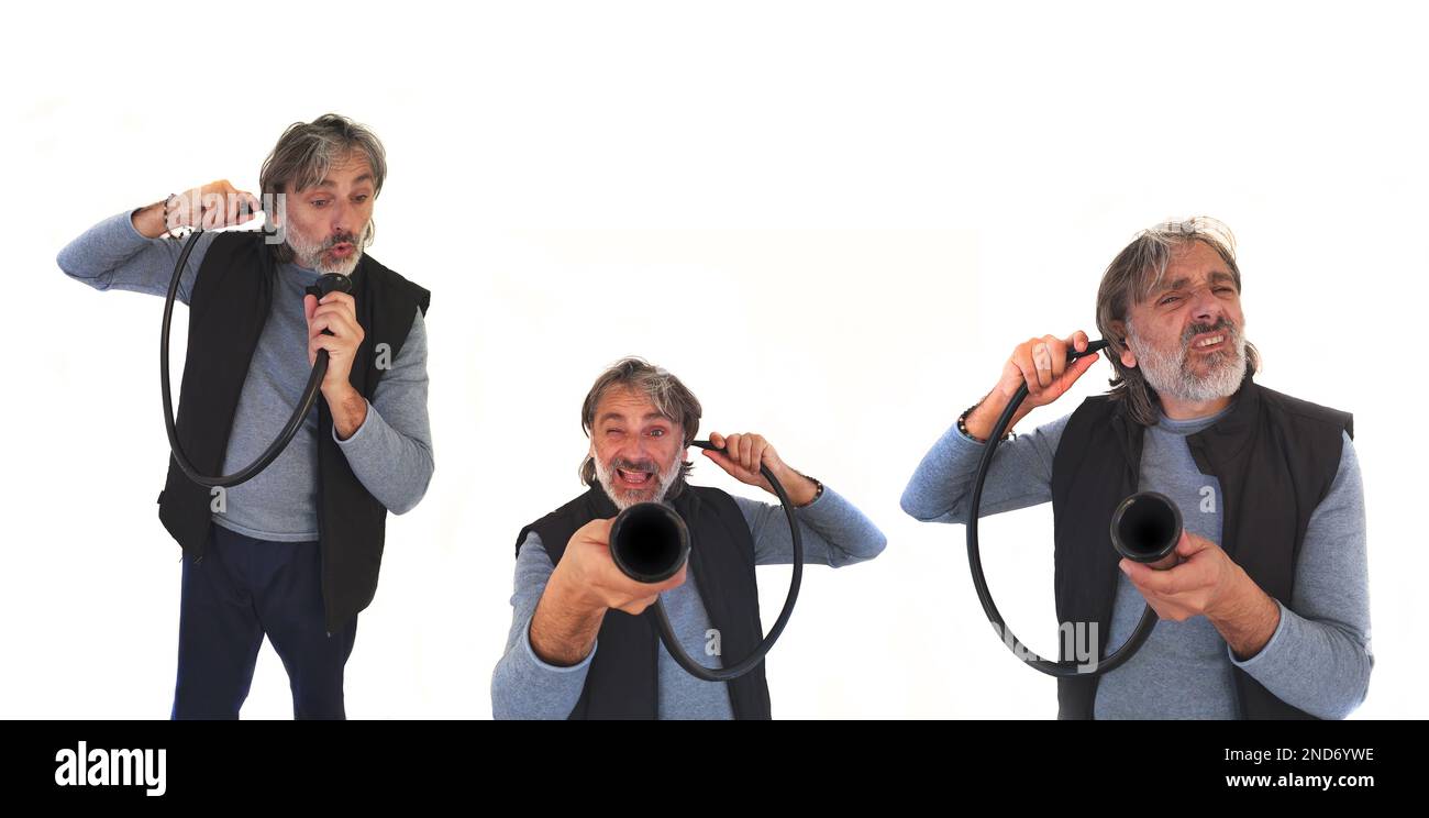 Deaf concept, caucasian men with vintage Hearing Device, isolated ...