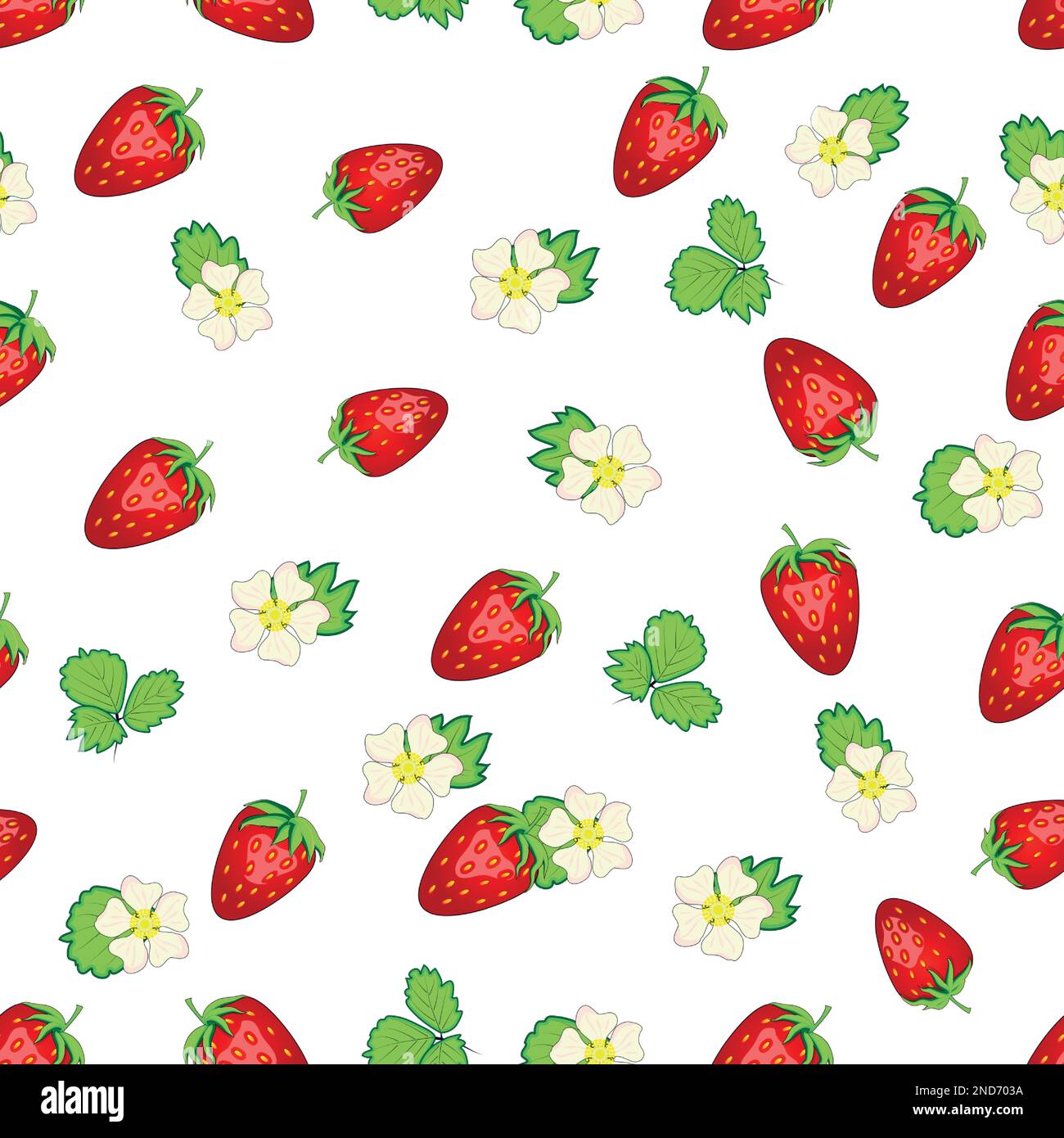 Seamless pattern with strawberries, berries and flowers. Sweet food repeat fabric background ...