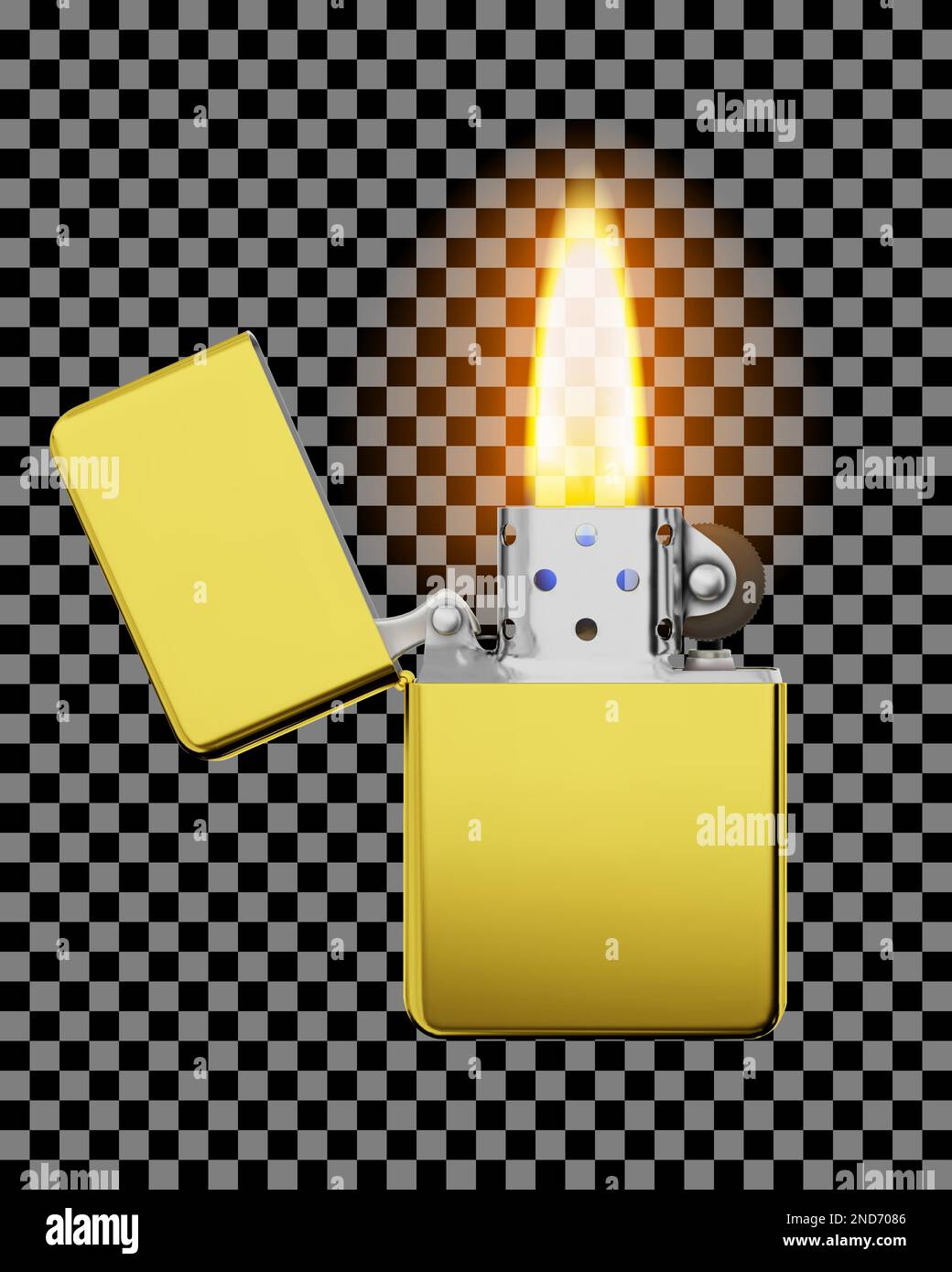 Metallic luxury lighter with open cover and transparent flame lit Stock ...