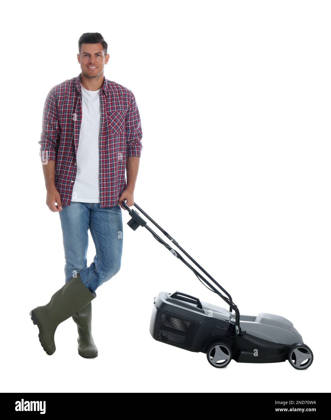 Man with modern lawn mower on white background Stock Photo - Alamy