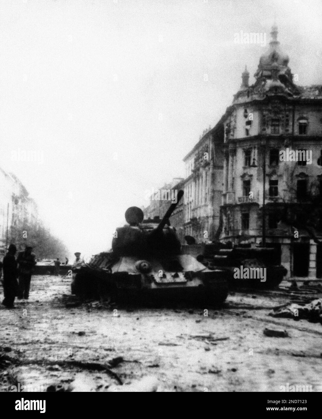 Burnt out Russian tanks fired by Hungarian students in the uprising in ...
