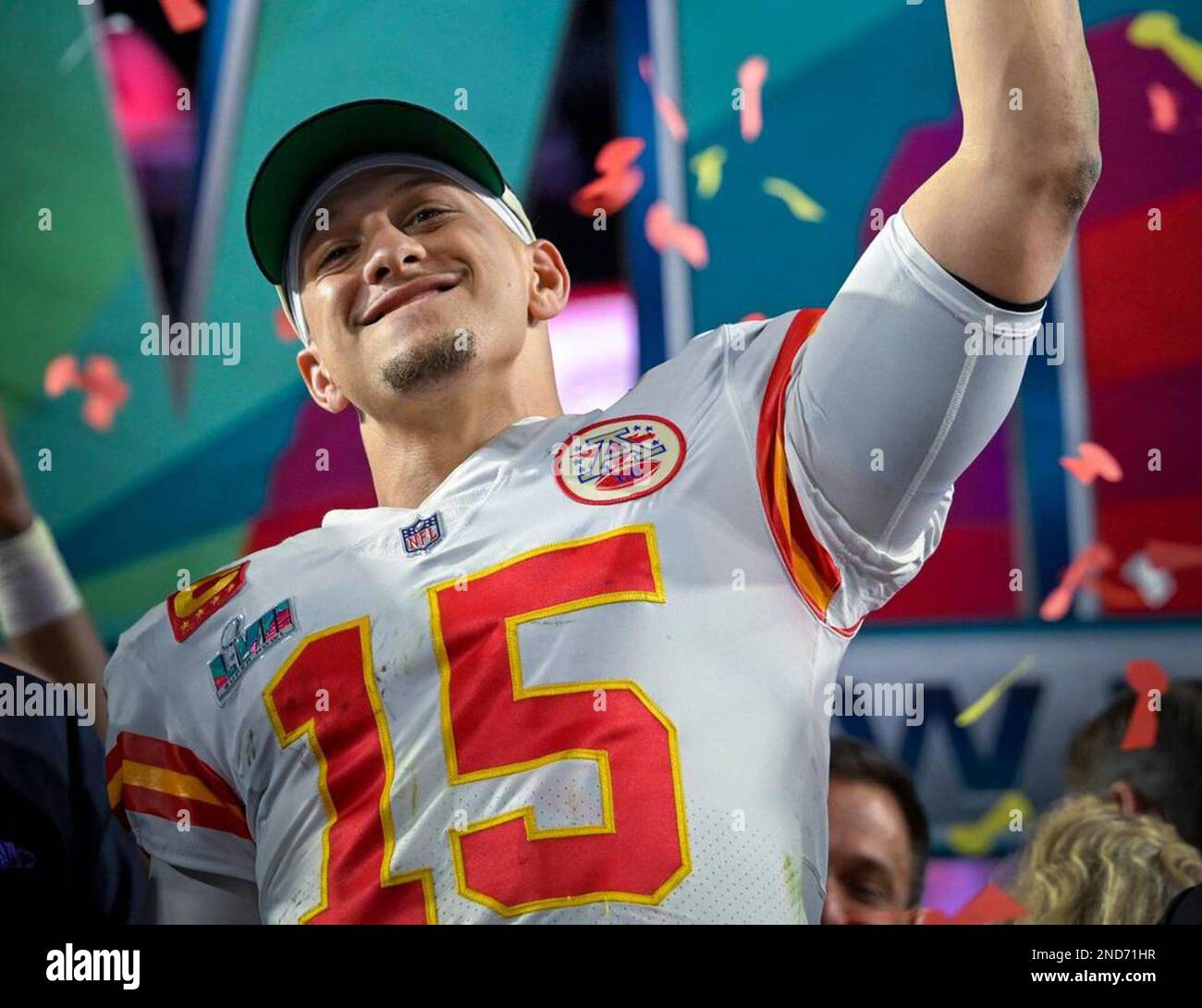 Kansas City Chiefs quarterback Patrick Mahomes (15) hoists the Lombardi ...