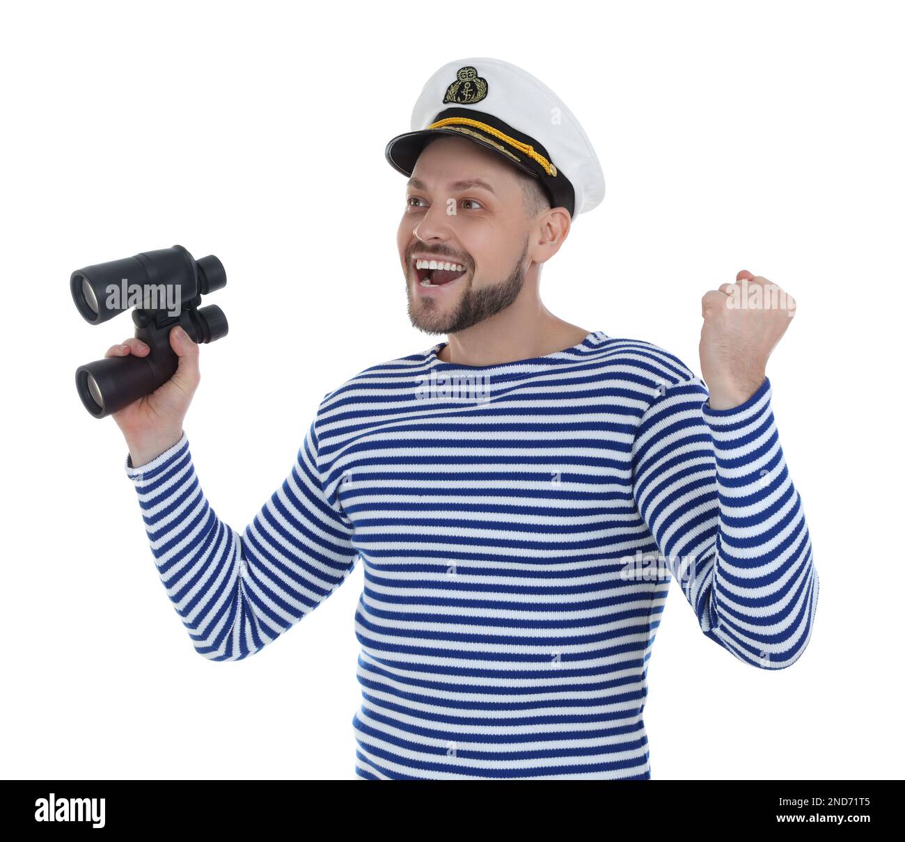 Happy sailor man with binoculars on white background Stock Photo - Alamy