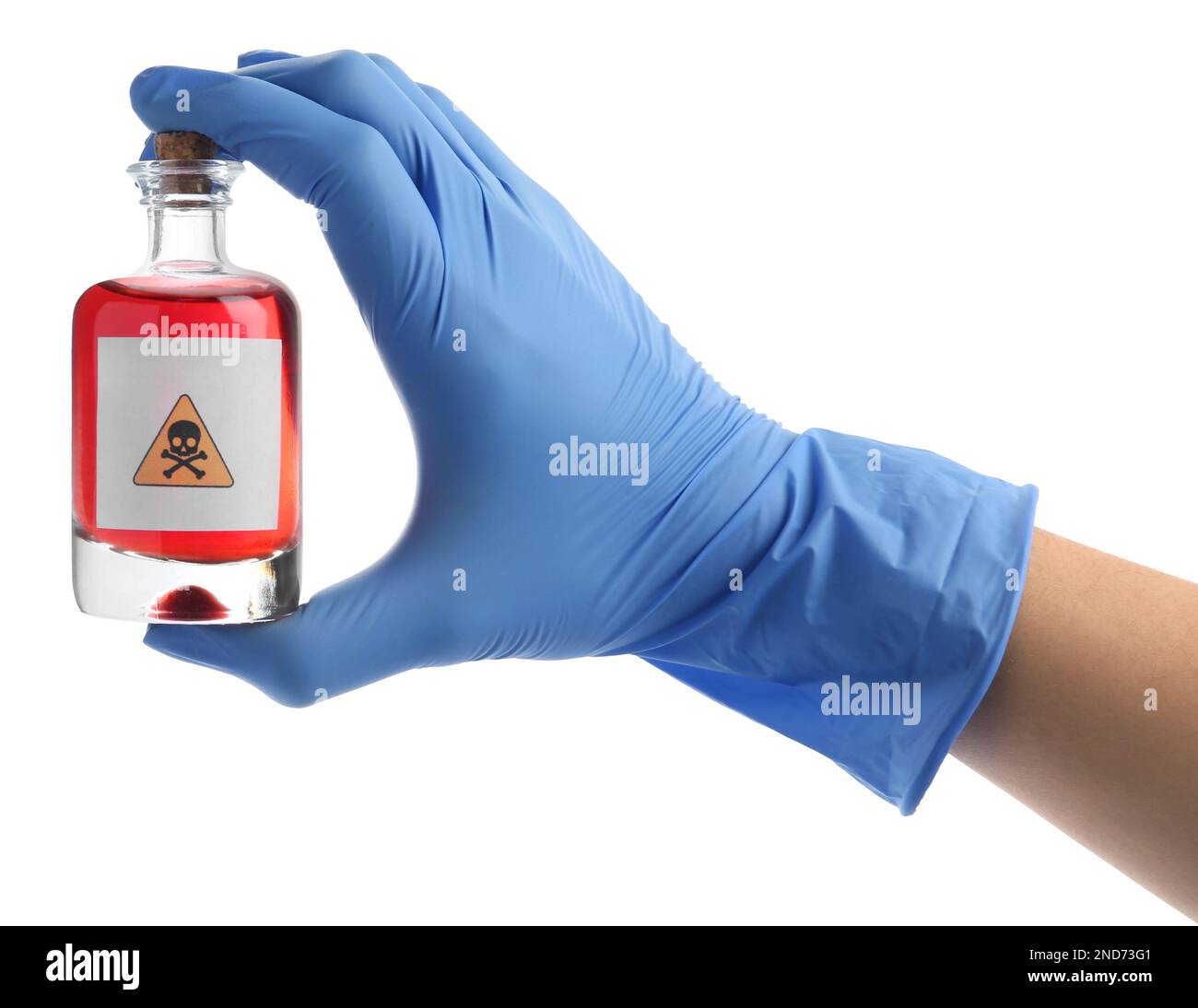 Woman in gloves holding glass bottle of poison with warning sign ...