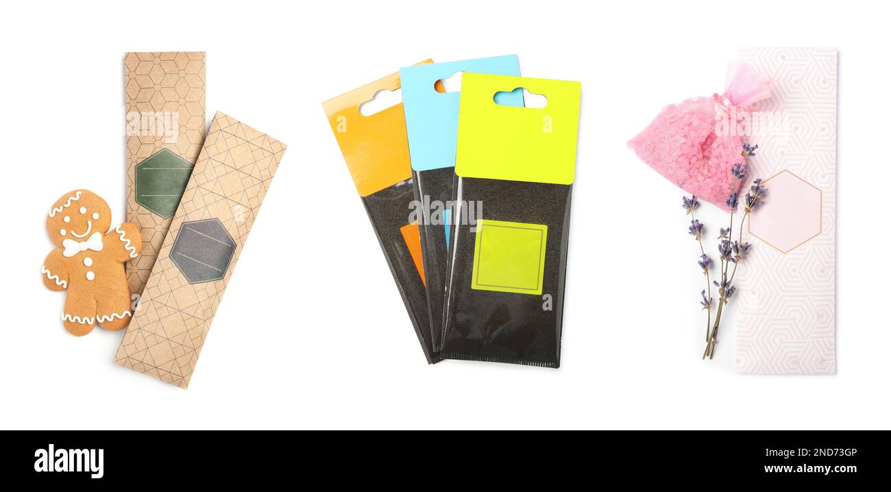 Set of scented sachets with different aromas on white background, top ...