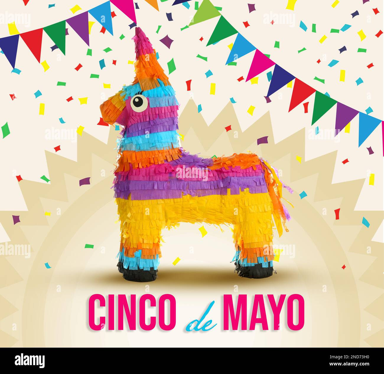 Cinco de Mayo festive poster. Bright funny pinata on color background ...