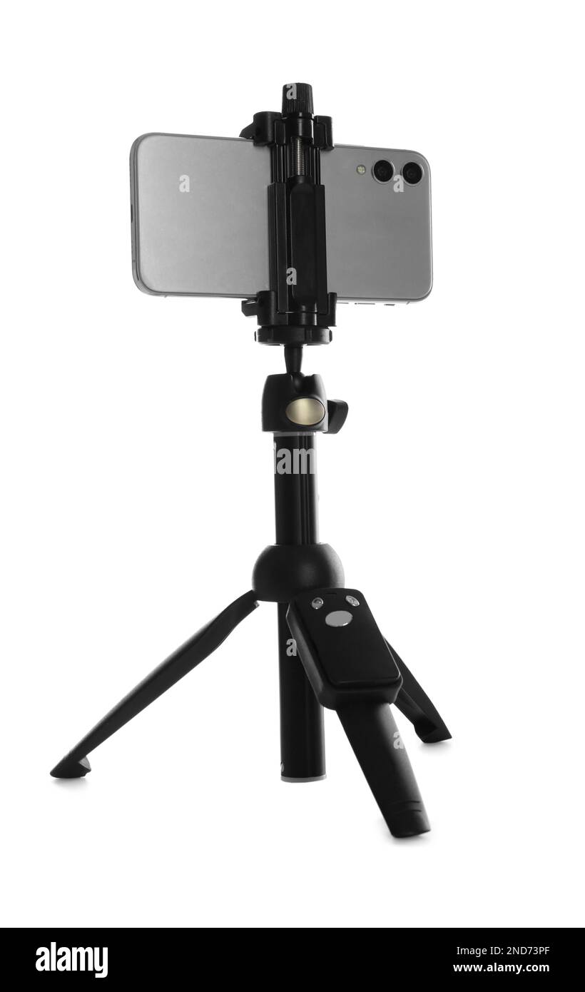 Smartphone fixed to tripod on white background Stock Photo - Alamy