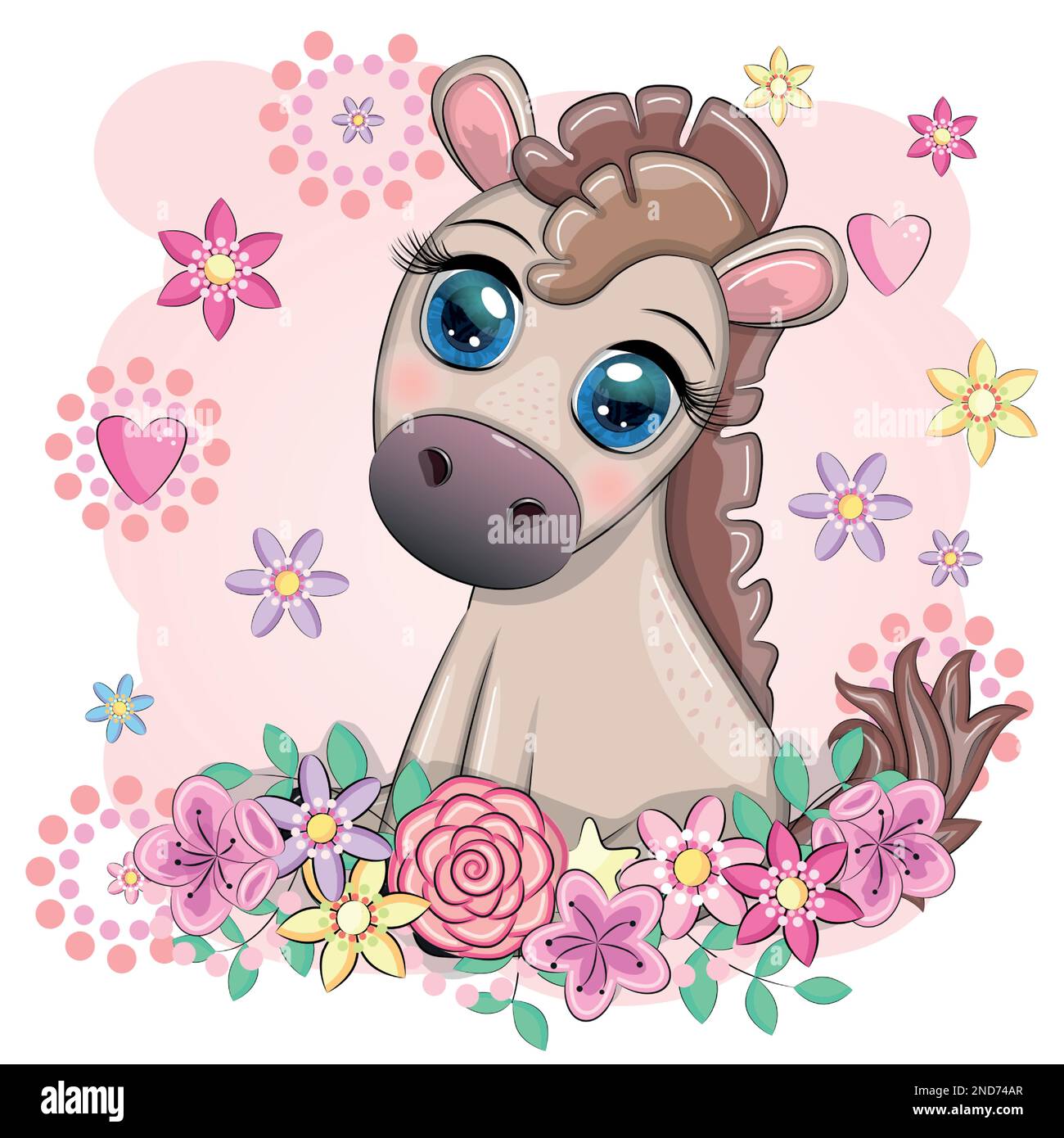 Cute cartoon horse, pony for card with flowers, balloons, hearts Stock ...