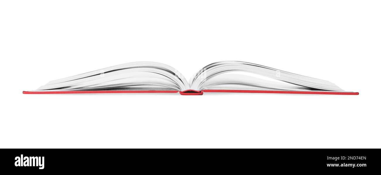 Open book with red cover on white background Stock Photo - Alamy