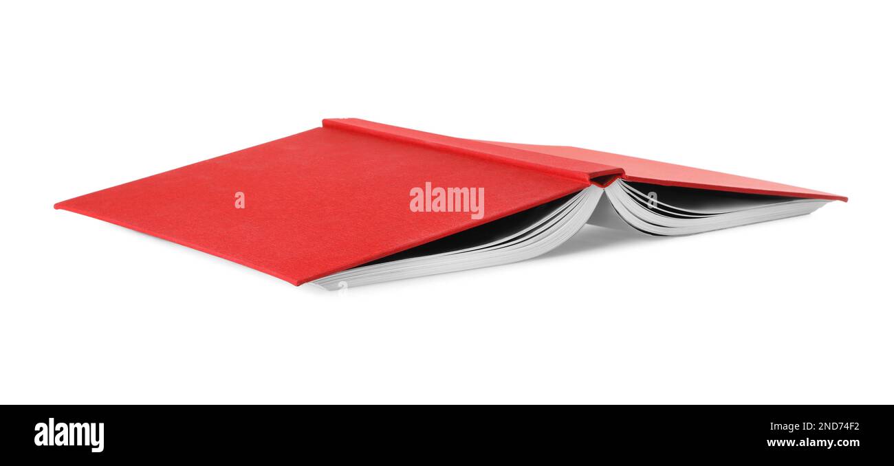 Open book with red cover on white background Stock Photo - Alamy