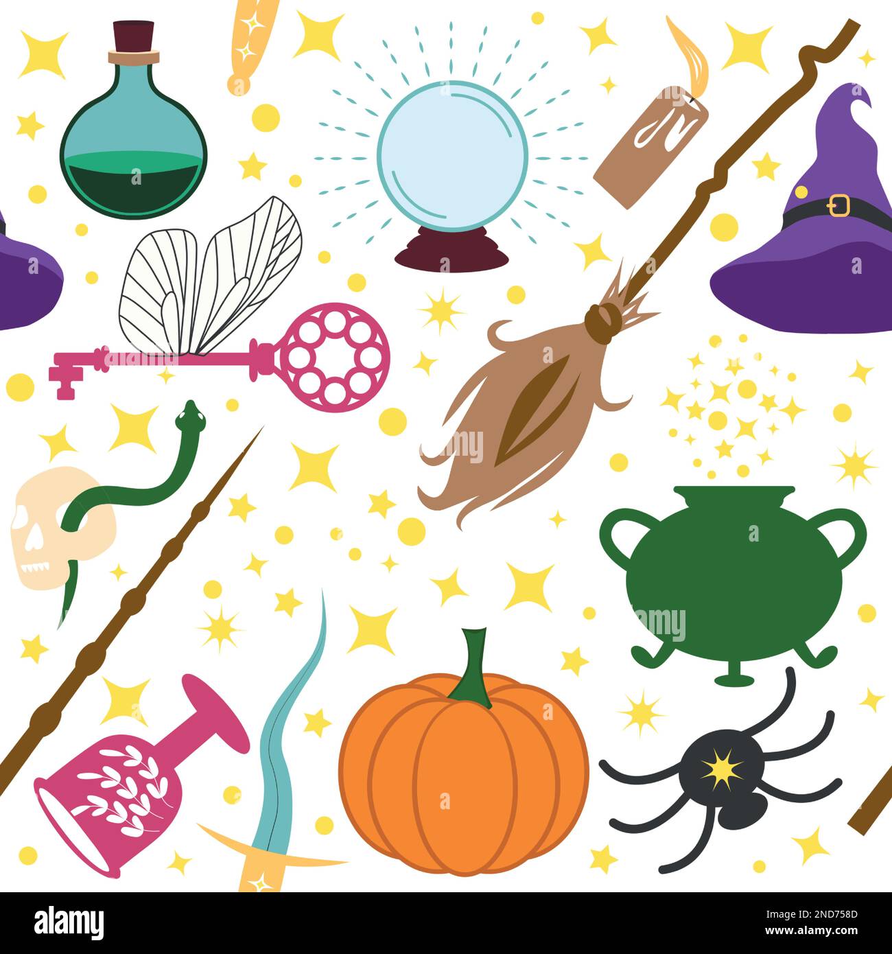 Magic items seamless pattern in flat style. School of Magic. Pumpkin ...