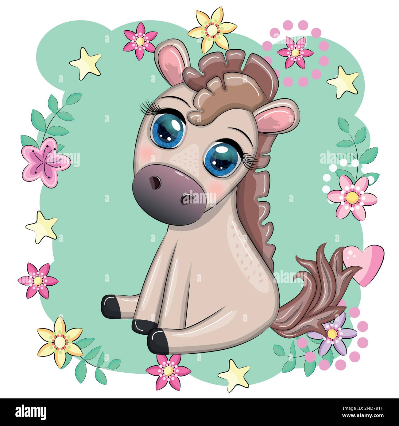 Cute cartoon horse, pony for card with flowers, balloons, hearts Stock ...