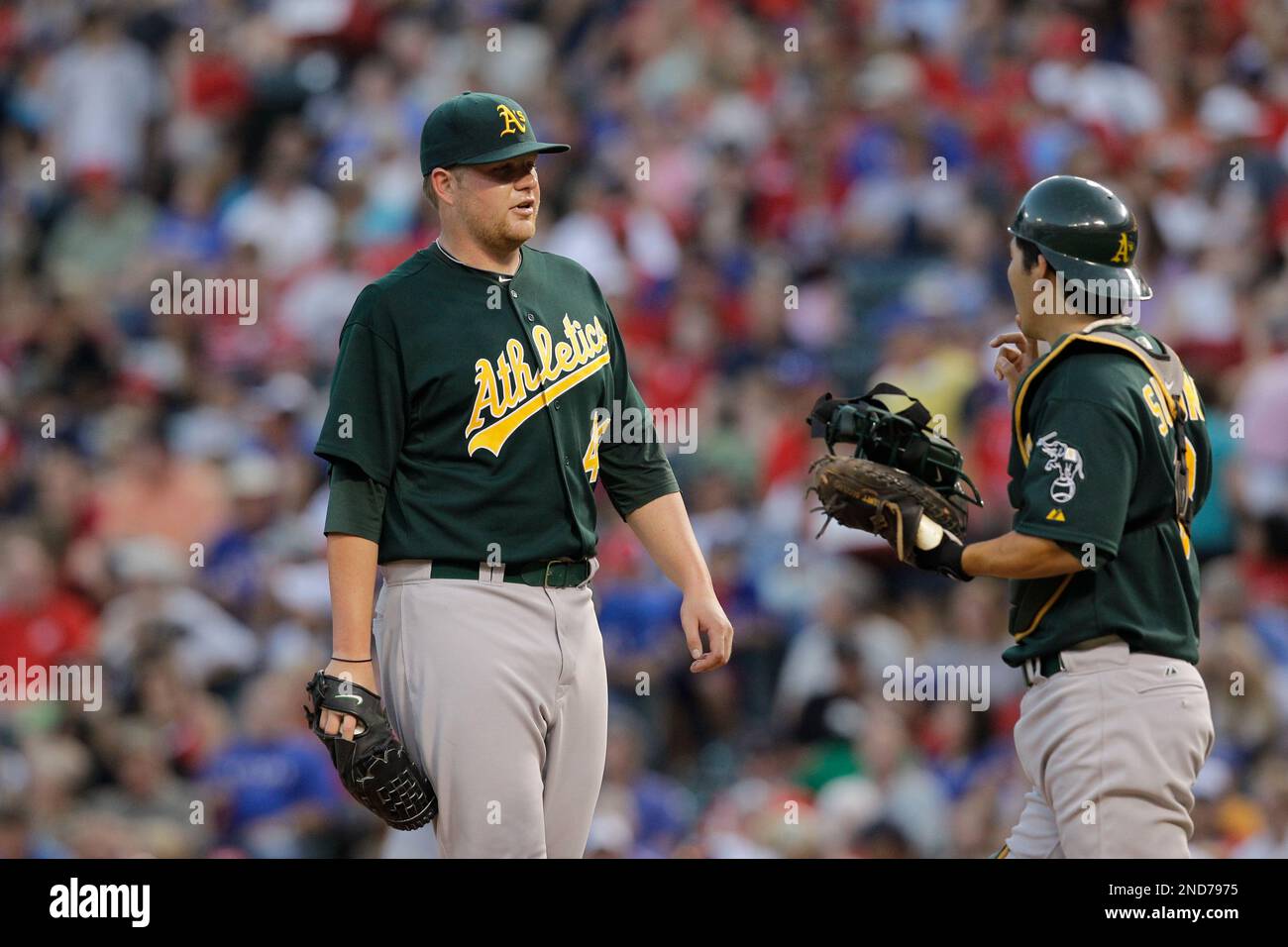 Oakland Athletics starting pitcher Brett Anderson (49) and catcher Kurt ...
