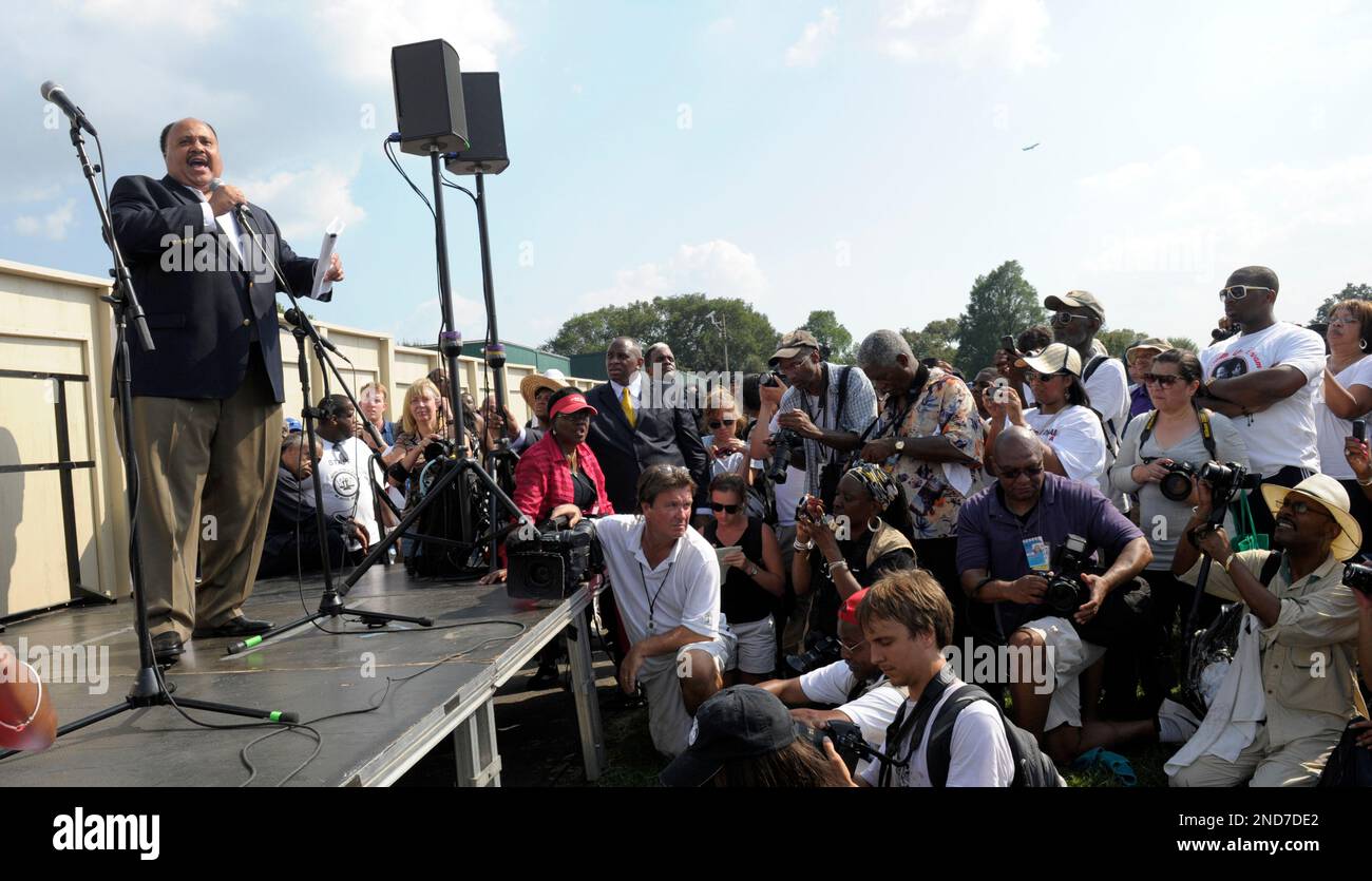 Martin Luther King III speaks to the crowd during a rally at the future ...