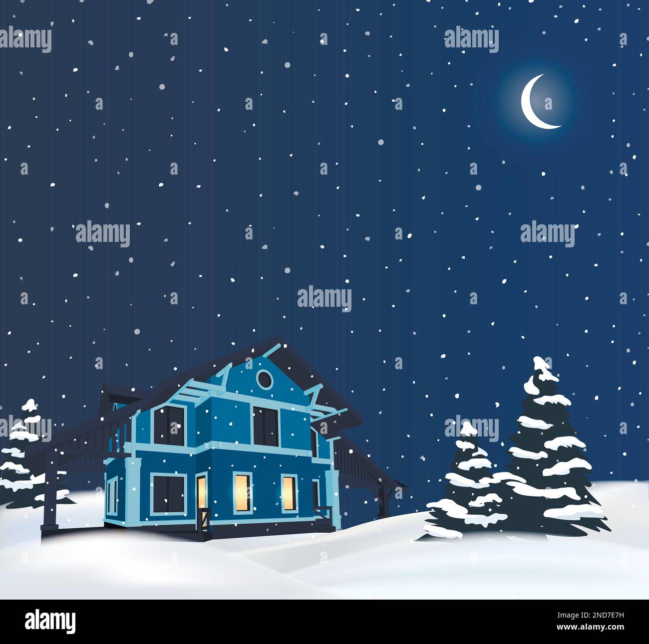 Vector night winter snowy countryside cottage illustration Stock Vector ...