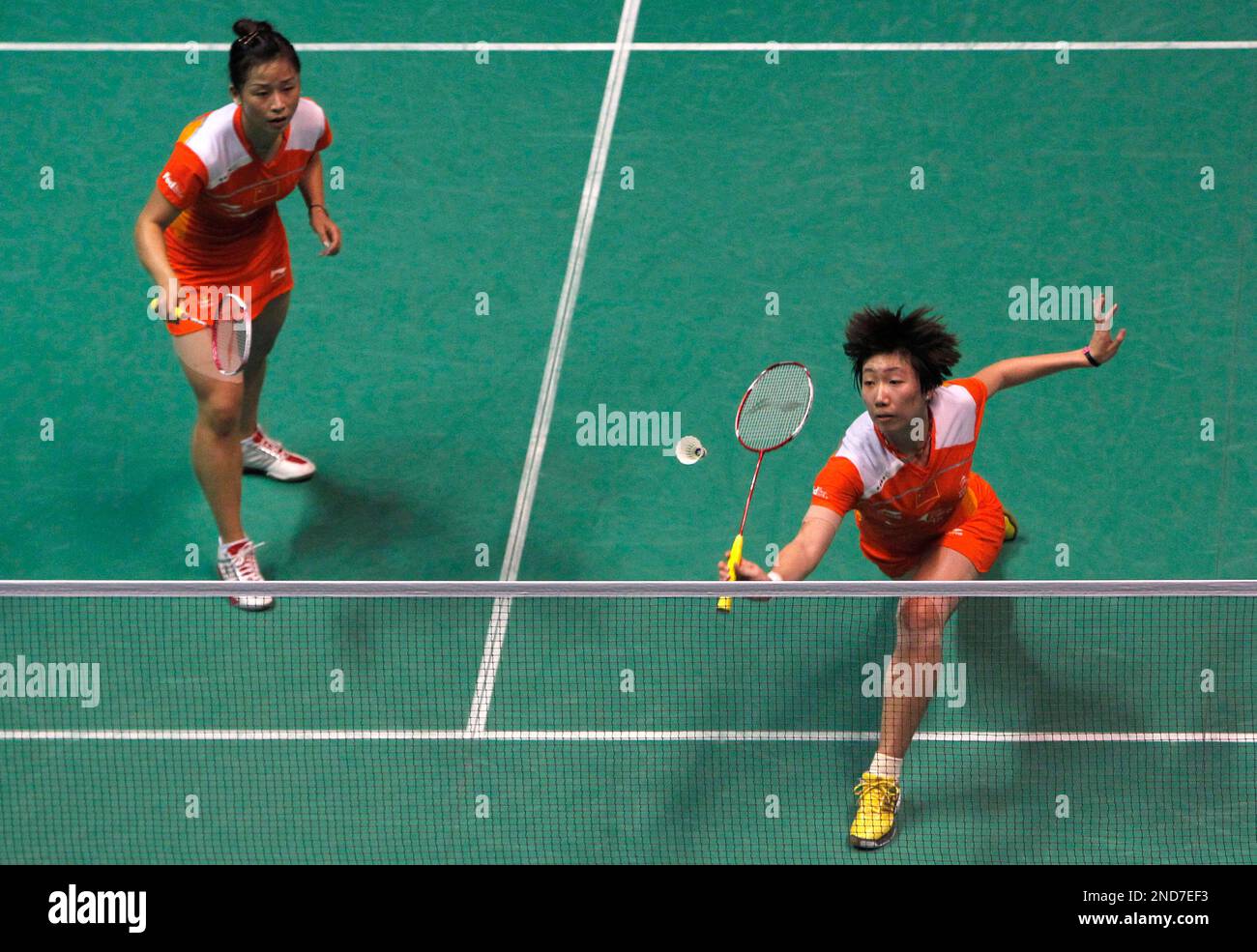 China's Xiaoli Wang, right, and Jin Ma play a shot against China's Shu Cheng and Yunlei Zhao ...