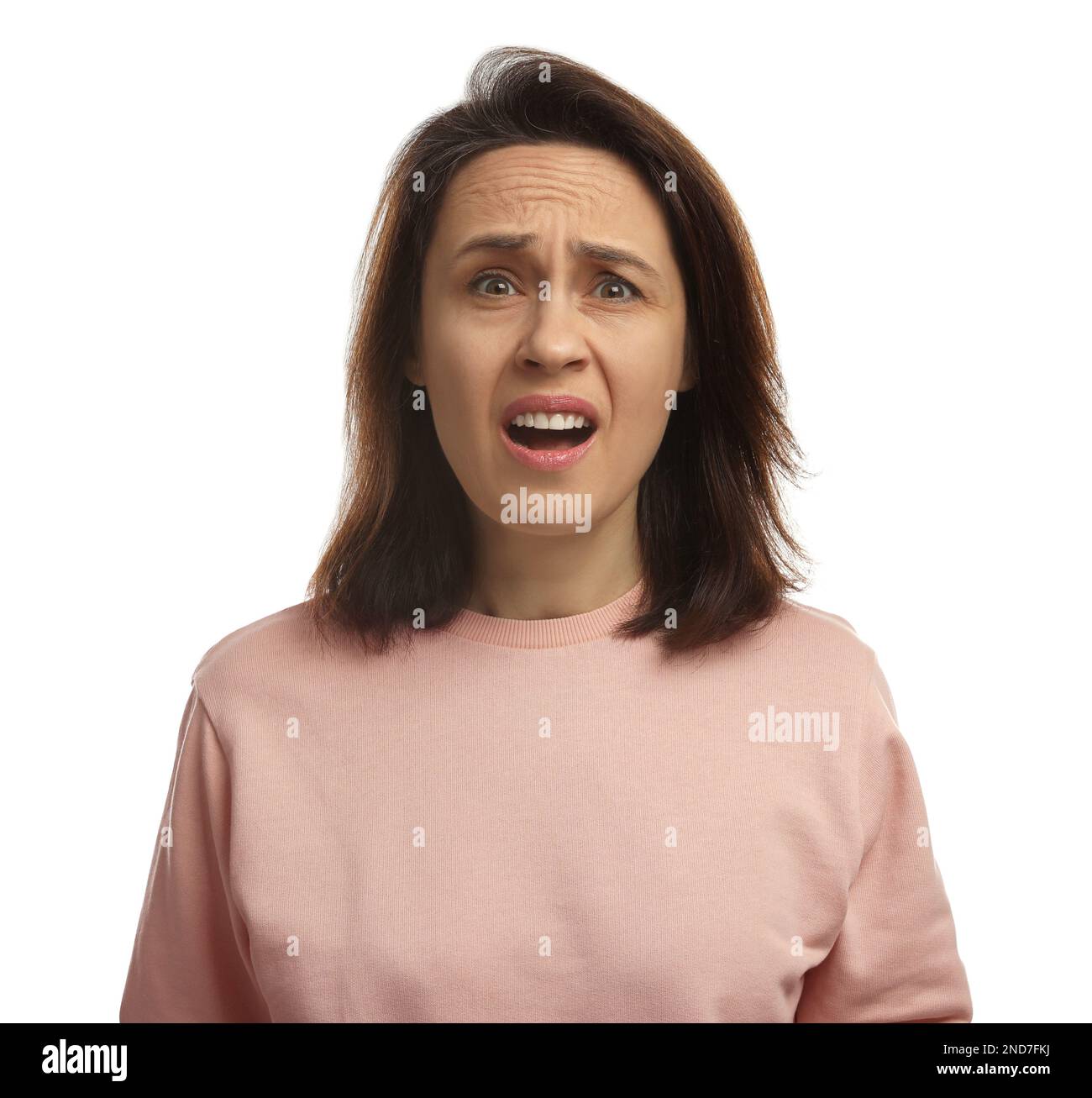 Mature woman feeling fear on white background Stock Photo - Alamy