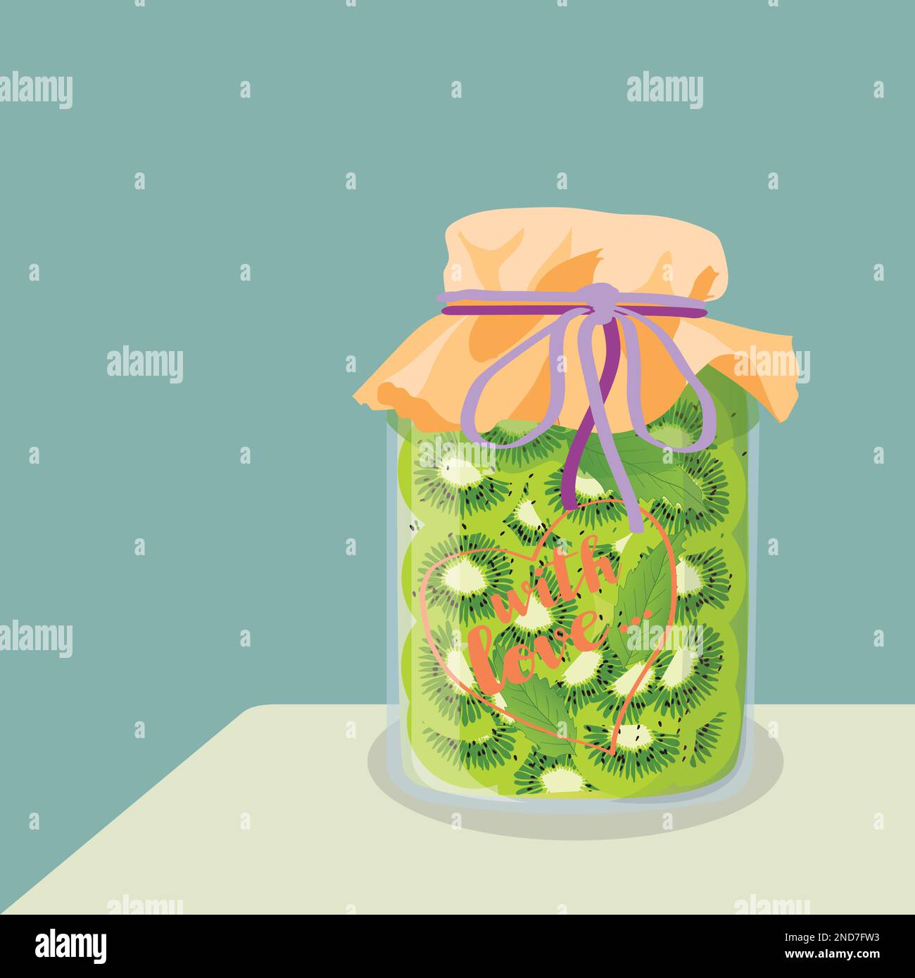 Hand drawn cartoon jar of kiwi jam on the table and text made with love ...