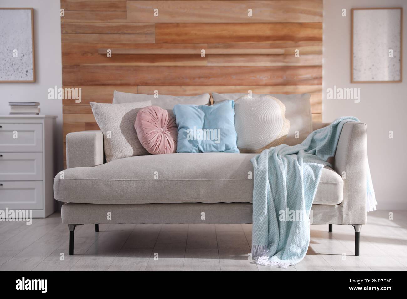 Comfortable sofa in modern living room. Interior design Stock Photo - Alamy