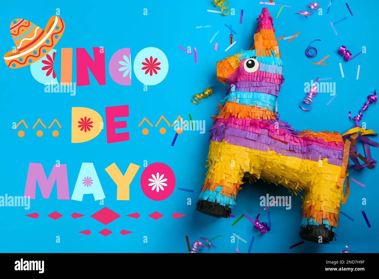 Cinco de Mayo festive poster. Bright funny pinata on blue background ...