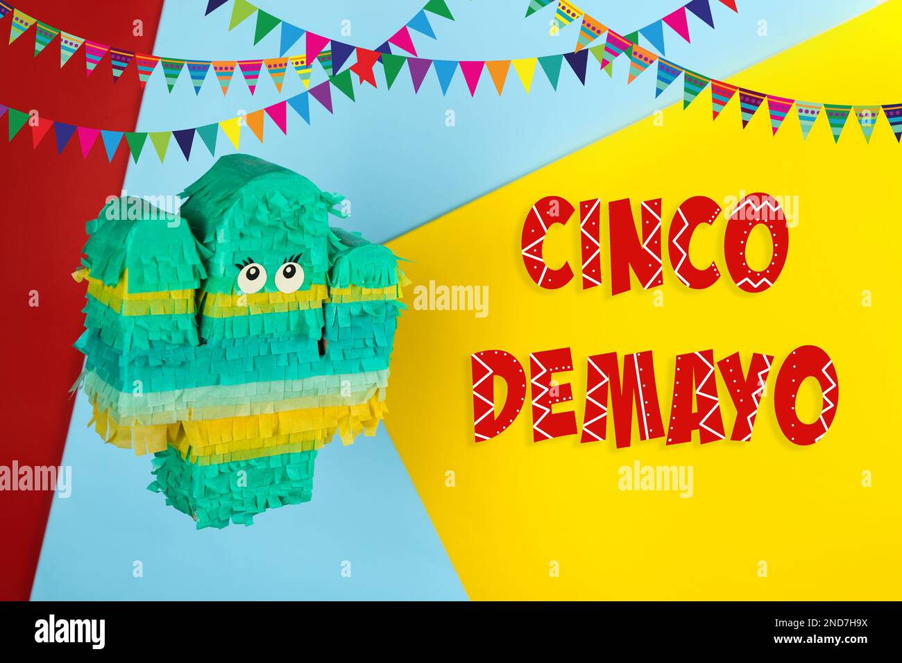 Cinco de Mayo festive poster. Bright funny pinata on color background ...