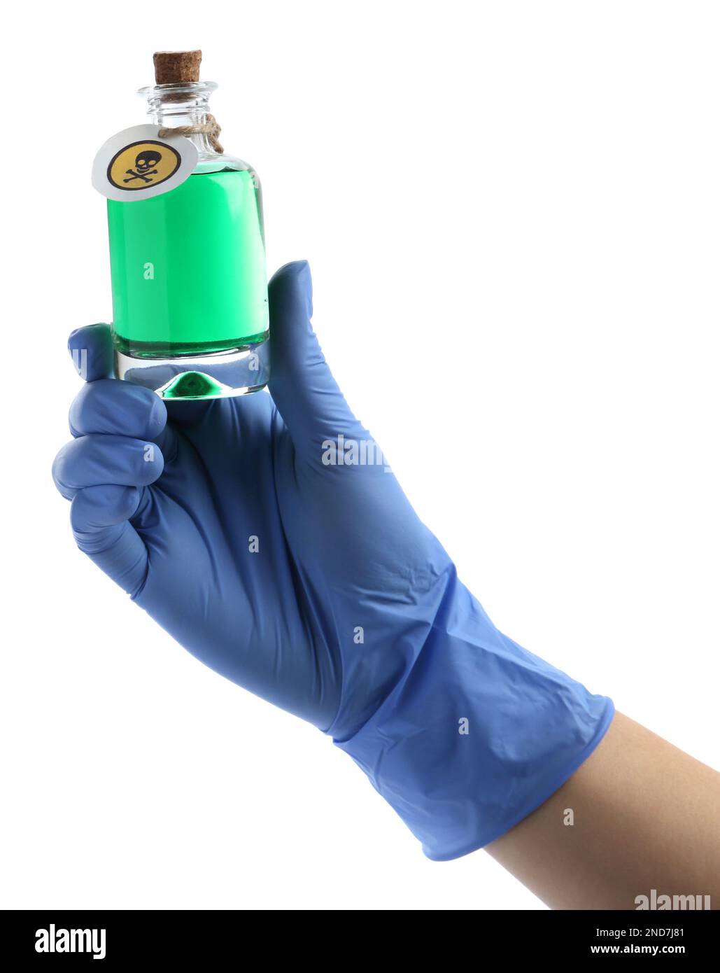 Woman in gloves holding glass bottle of poison with warning sign ...