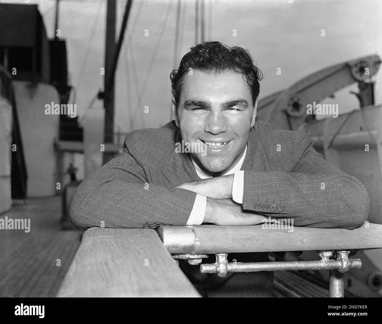 Max Schmeling poses on ship, Aug. 18, 1937. (AP Photo Stock Photo - Alamy