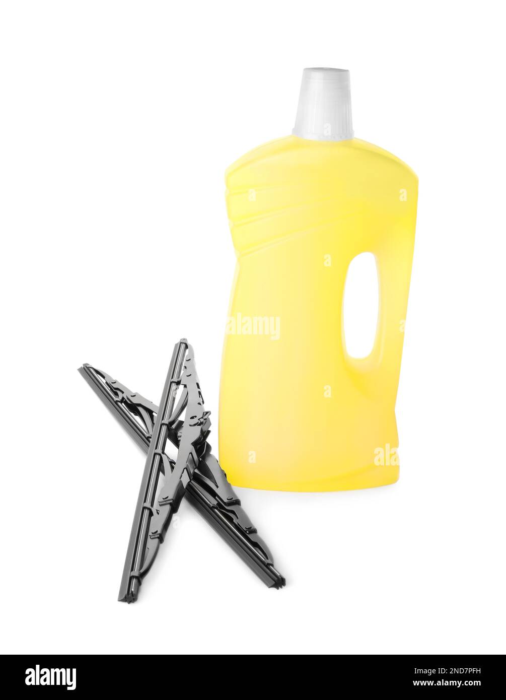 Bottle of windshield washer fluid and wipers on white background Stock ...