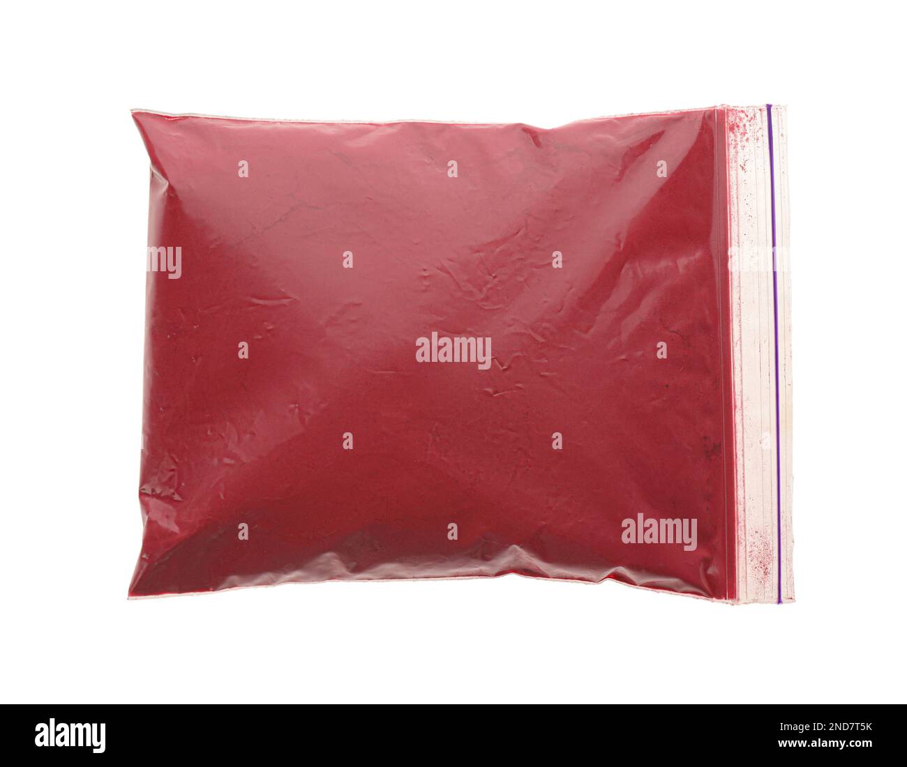 Red powder in plastic bag isolated on white, top view. Holi festival ...
