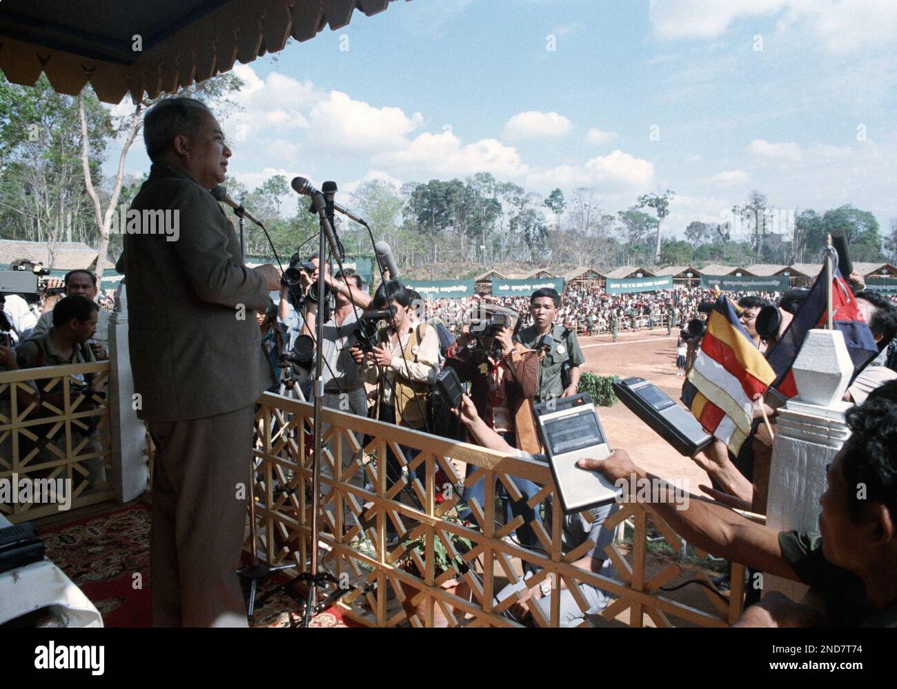 Cambodian Prince Norodom Sihanouk speaks to newmen after greeting Khmer ...