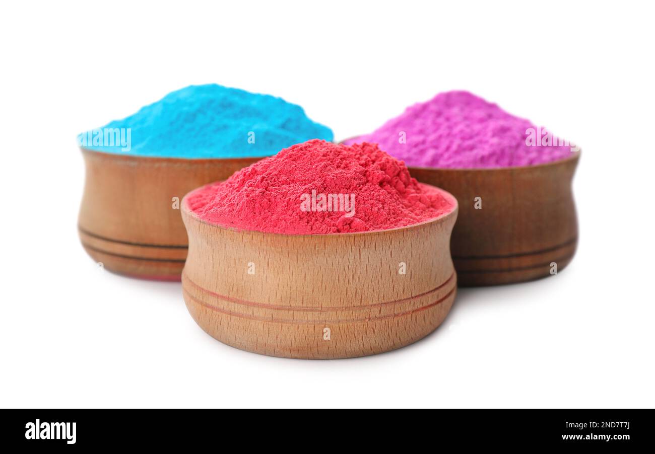 Colorful powder dyes in bowls on white background. Holi festival Stock ...