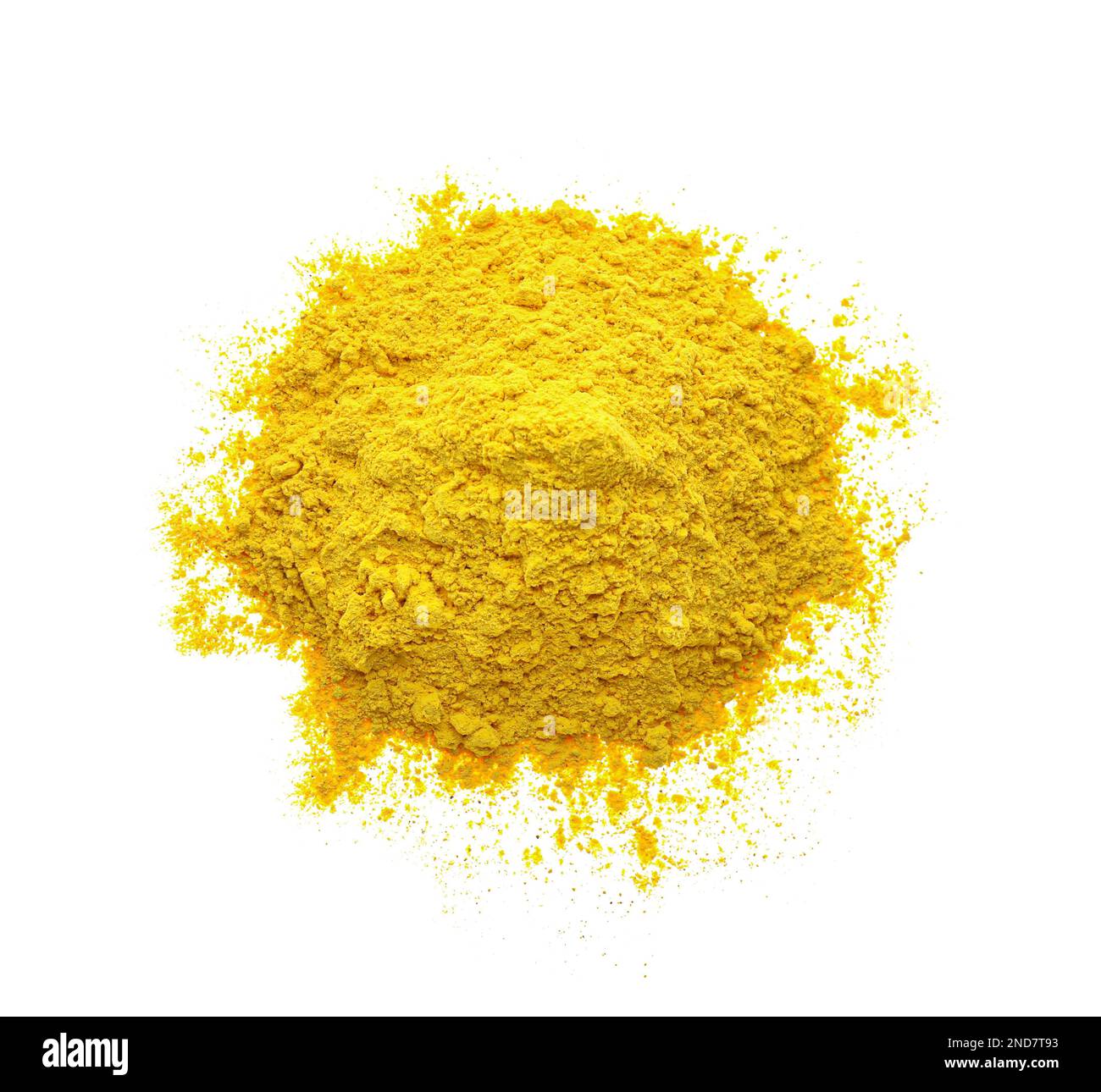 Pile of yellow powder isolated on white, top view. Holi festival ...