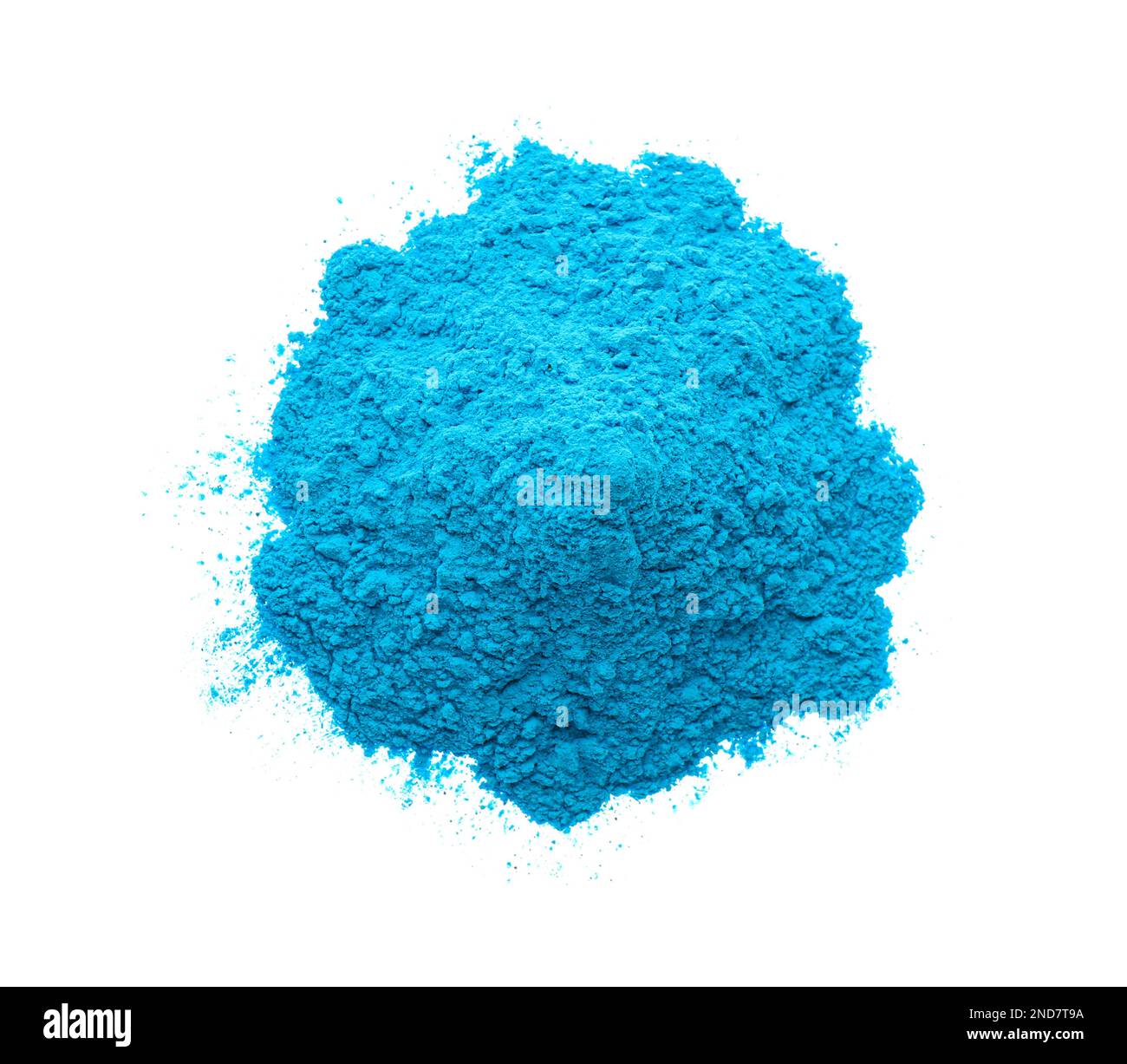 Pile of light blue powder isolated on white, top view. Holi festival ...