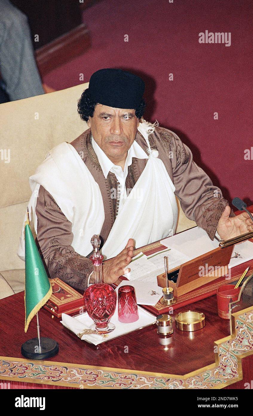 Libyan Leader Moammar Gadhafi, making a speech at the opening of the ...