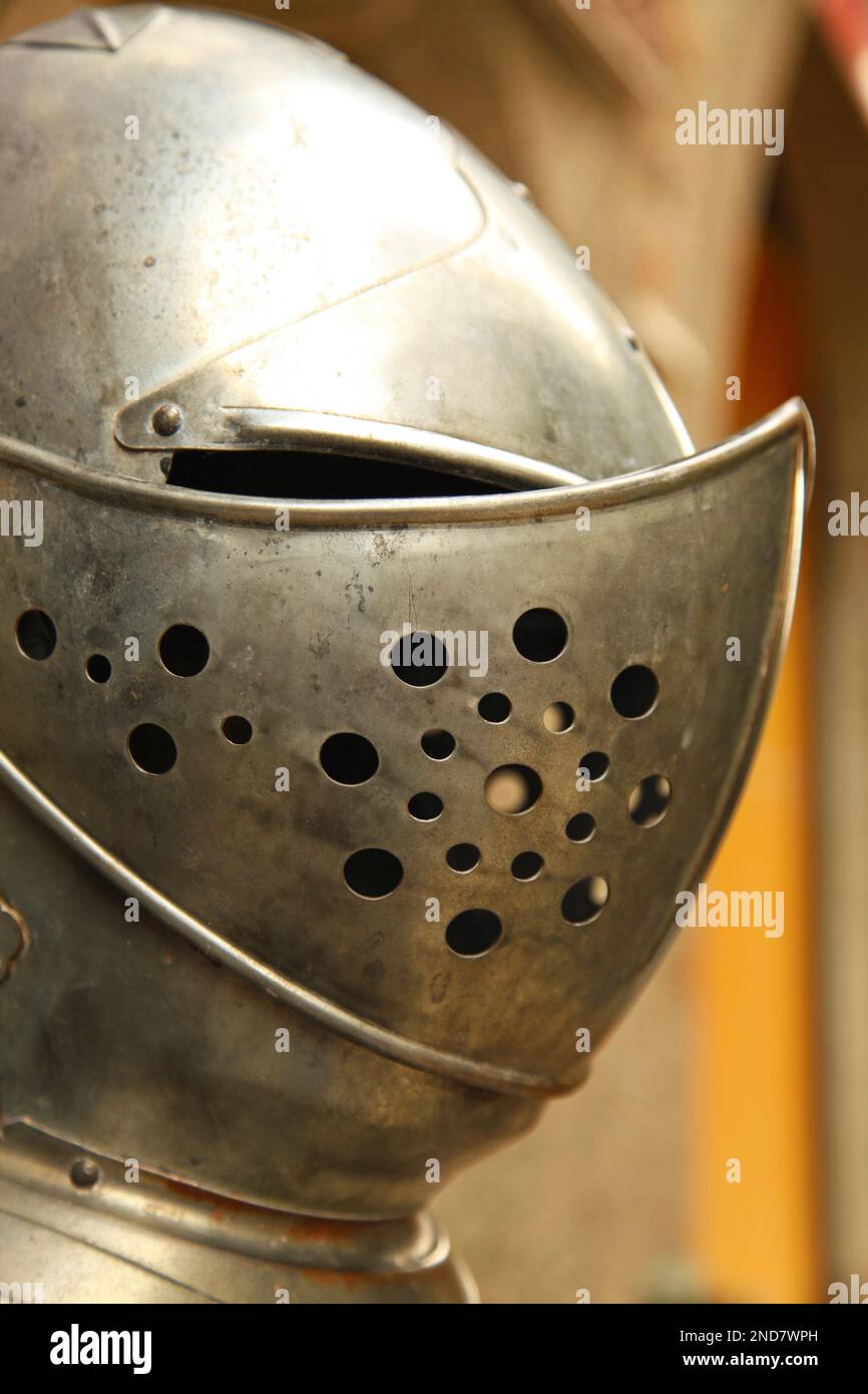 Close-up on an armet, a type of combat helmet which was developed in ...