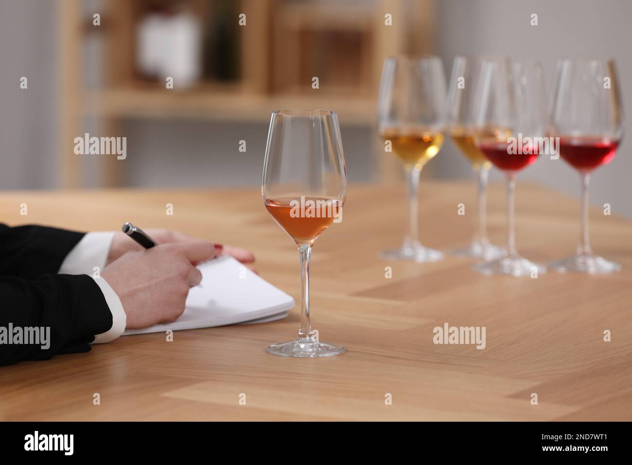 Sommelier making notes during wine tasting at table indoors, closeup ...