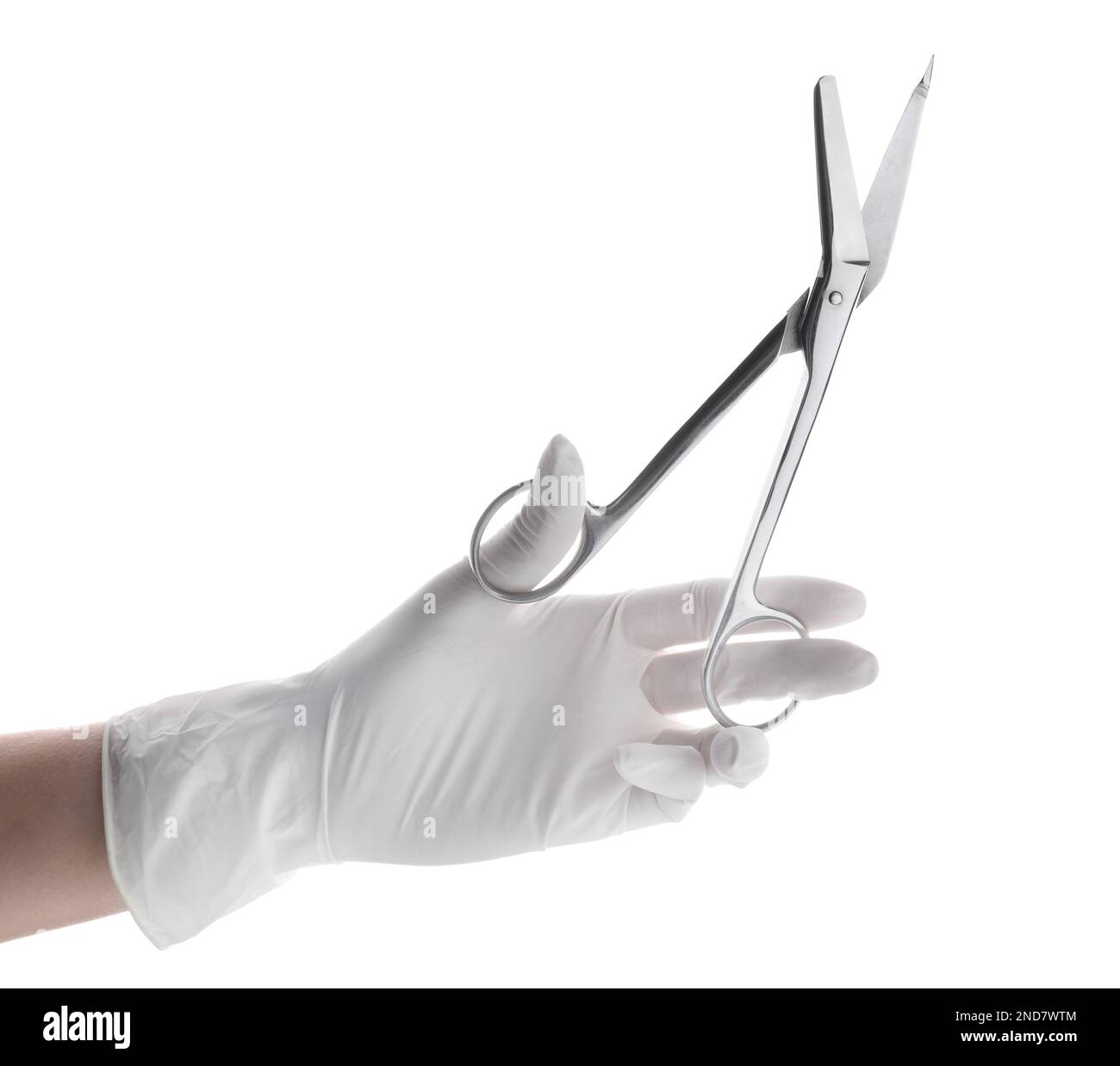 Doctor holding surgical scissors on white background, closeup. Medical ...