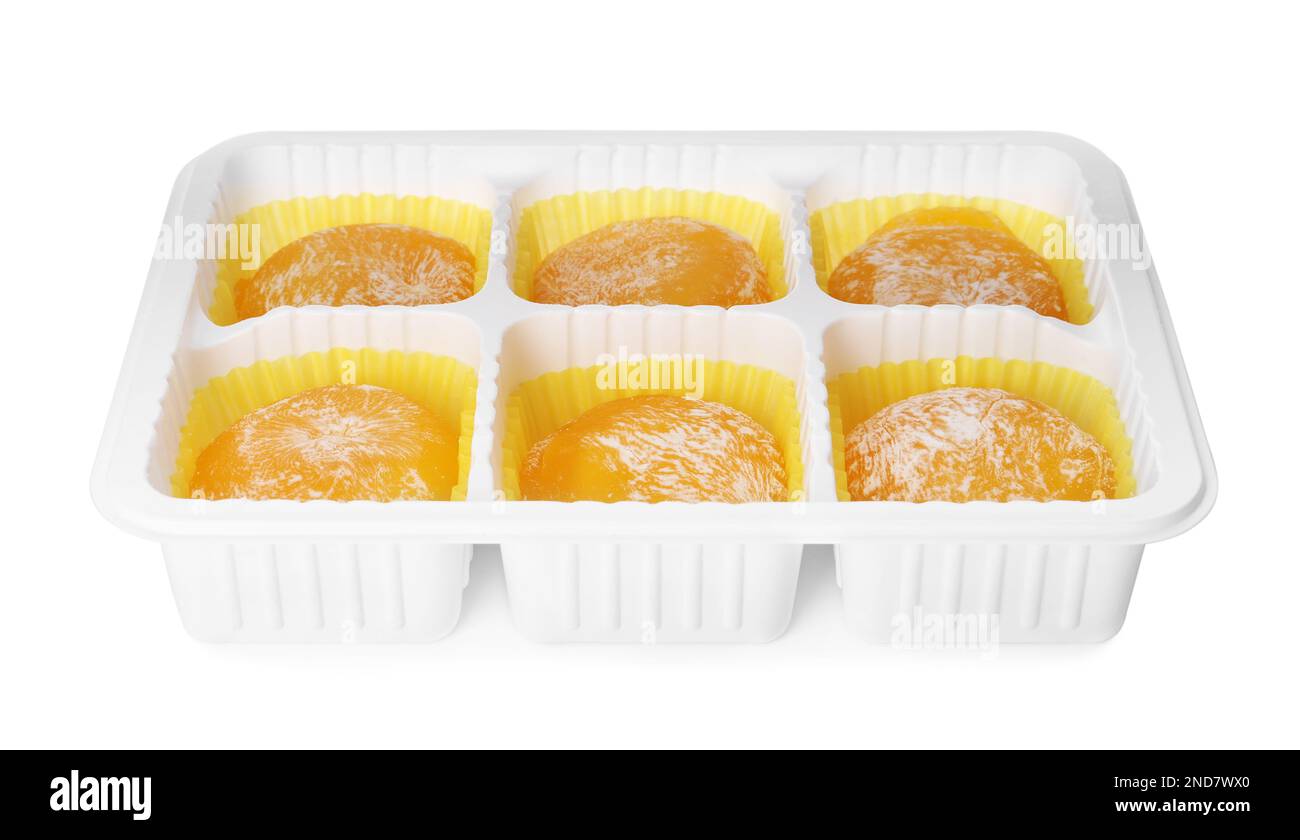 Plastic tray with delicious mochi on white background. Traditional ...